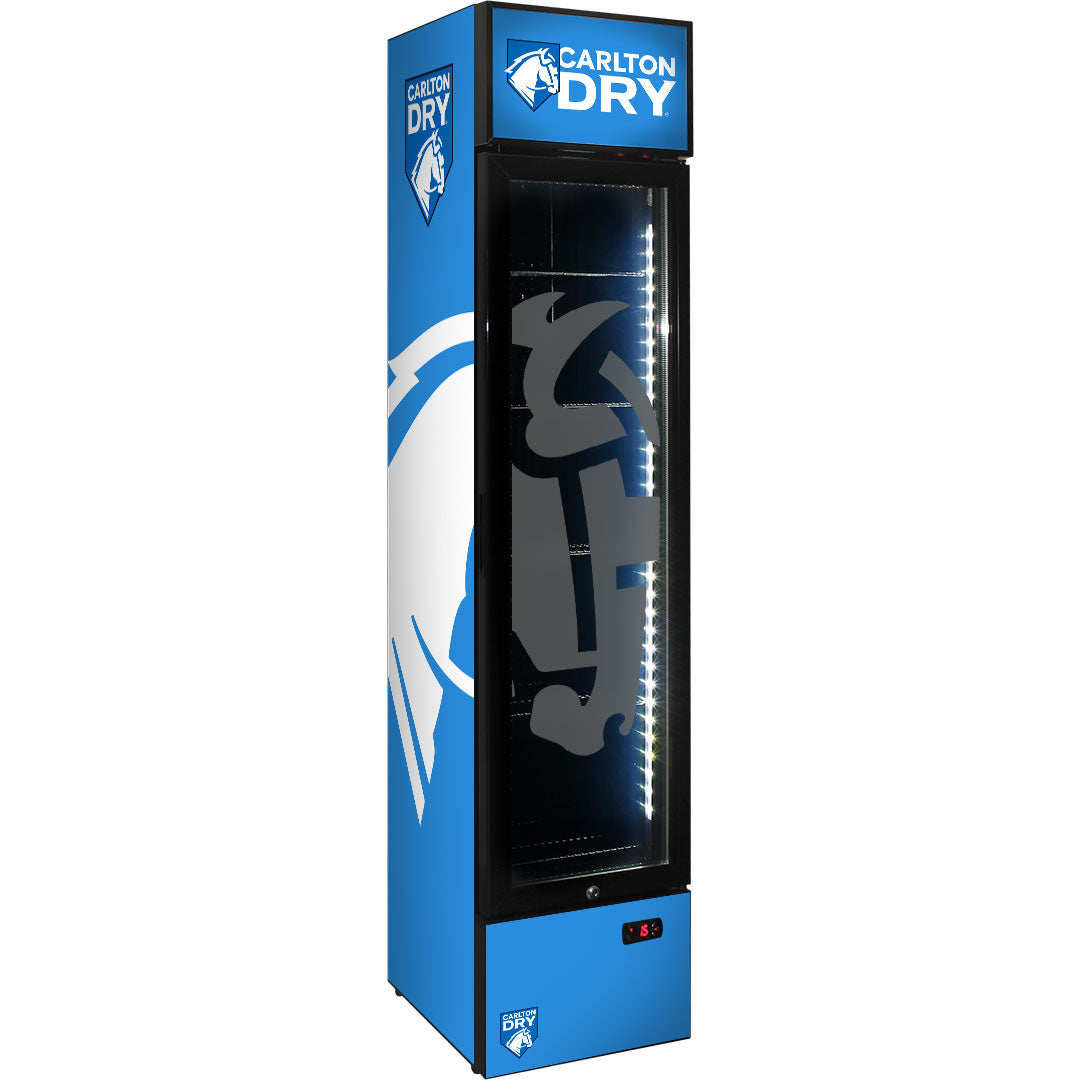 Skinny Glass Door Upright Bar Fridge Carlton Dry MID Blue Beer Design ...