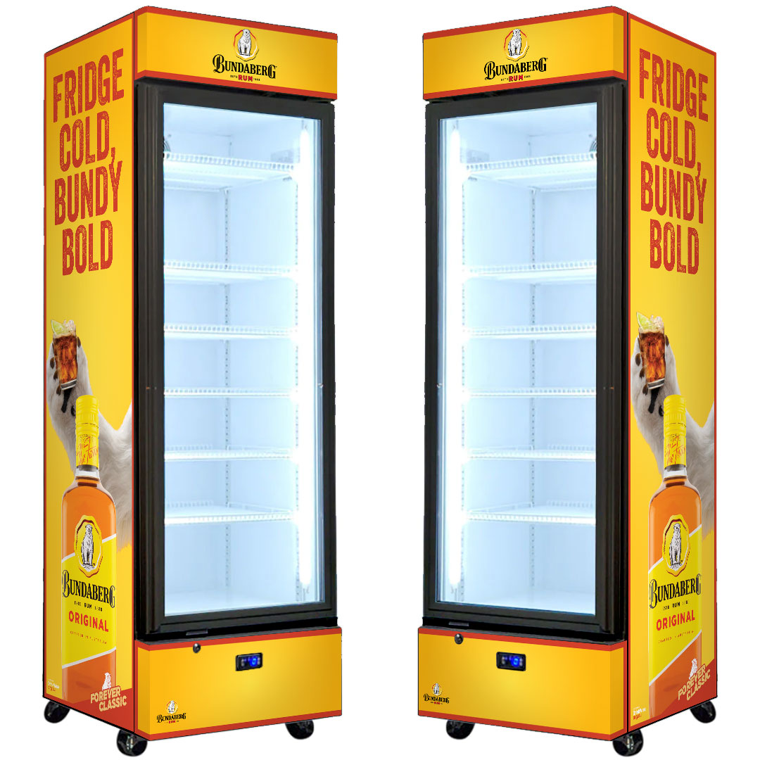 Bundy Rum Branded Upright Quiet Running Black Glass Door Bar Fridge ...